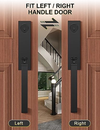 Tinewa Full Escutcheon HandleSet Front Door Entry Handle and Deadbolt Lock Set Slim Square Single Cylinder Deadbolt and Lever Heavy Duty β Matte Black Finish