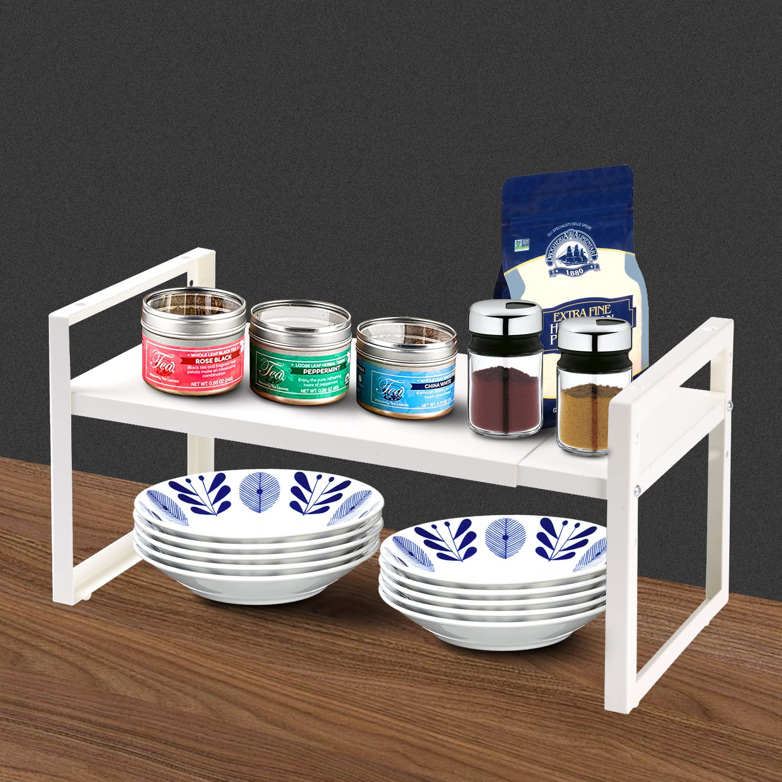 lonpute Expandable Cabinet Shelf Organizers,Adjustable Height Cabinet Cupboard, Kitchen Counter Shelves, Stackable, Expandable, Metal(White - 2 Tier)