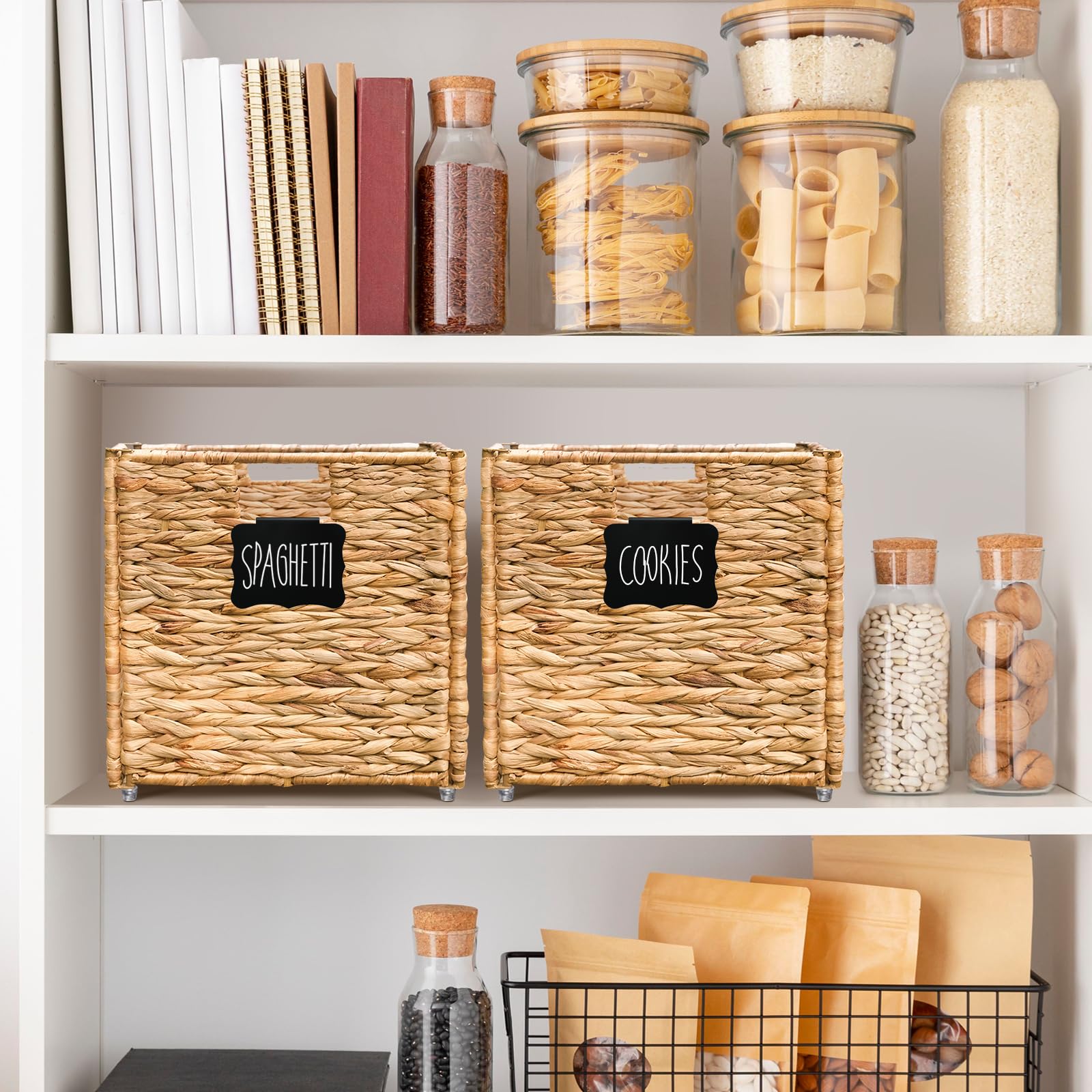 Storage Baskets Wicker Cube Baskets Foldable Handwoven Storage Baskets Bins with Handles Water Hyacinth Laundry Organizer Totes with Letter Boards and White Markers Set of 6 Pcs,12x12x12inch