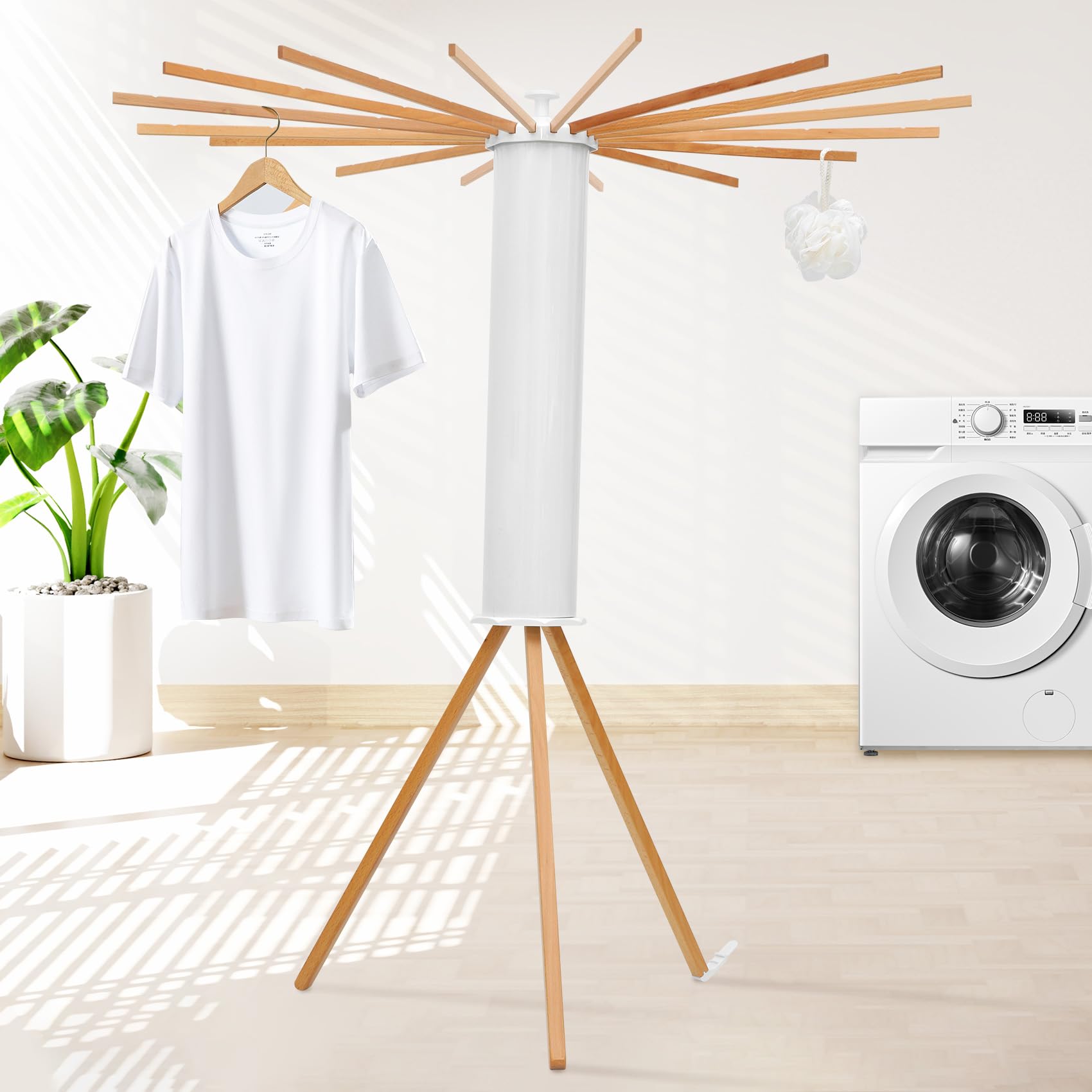 Tripod Clothes Drying Rack,Collapsible and Portable Clothes Drying Rack,16 Wooden Poles,Folding Drying Rack for Clothes,Indoor& Outdoor Holder