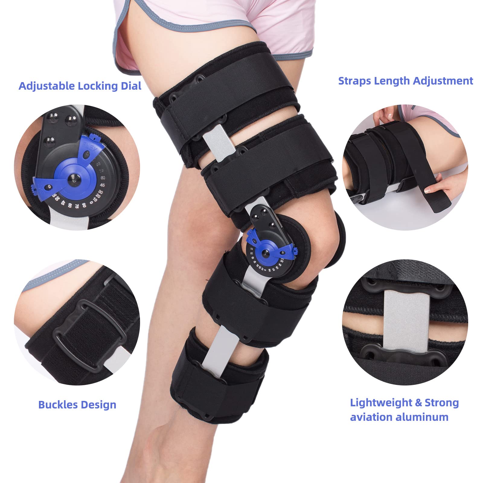 Hinged ROM Knee Brace Post Op Knee Support Adjustable Knee Immobilizer with Side Leg Stabilizers for Men and Women for Meniscus Tear, Arthritis, ACL, PCL, Osteoarthritis, Orthopedic Rehab (Black)