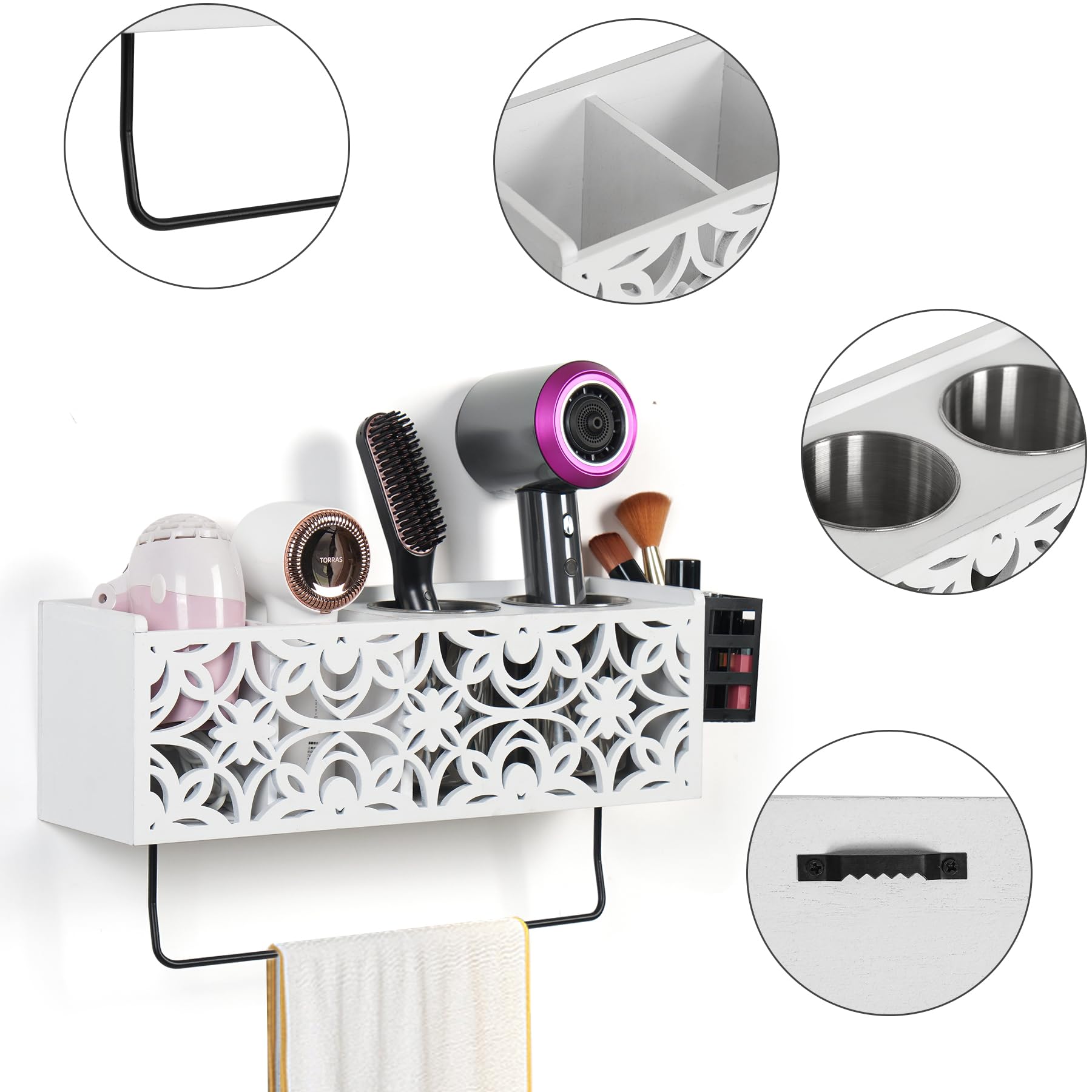 TRSPCWR Hair Tool Organizer Wall Mounted, Hair Dryer and Styling Holder with Towel Bar, Bathroom Blow Dryer Holder with Side Basket, Farmhouse Vanity Caddy Storage Stand for Accessories, Makeup
