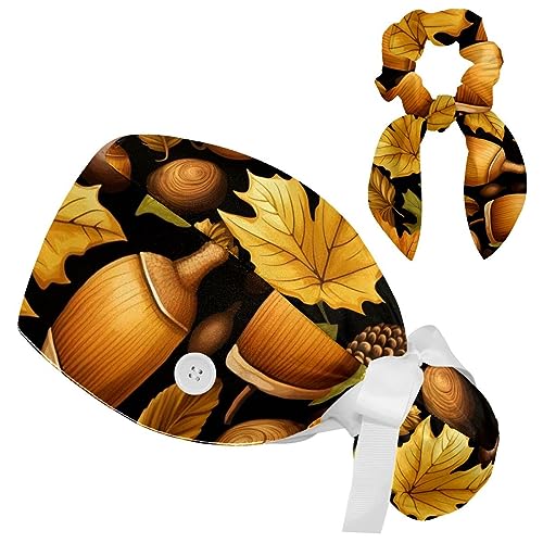 Thanksgiving Acorn Working Cap with Button Sweatband Adjustable Tie Back Bouffant Hats with Scrunchie
