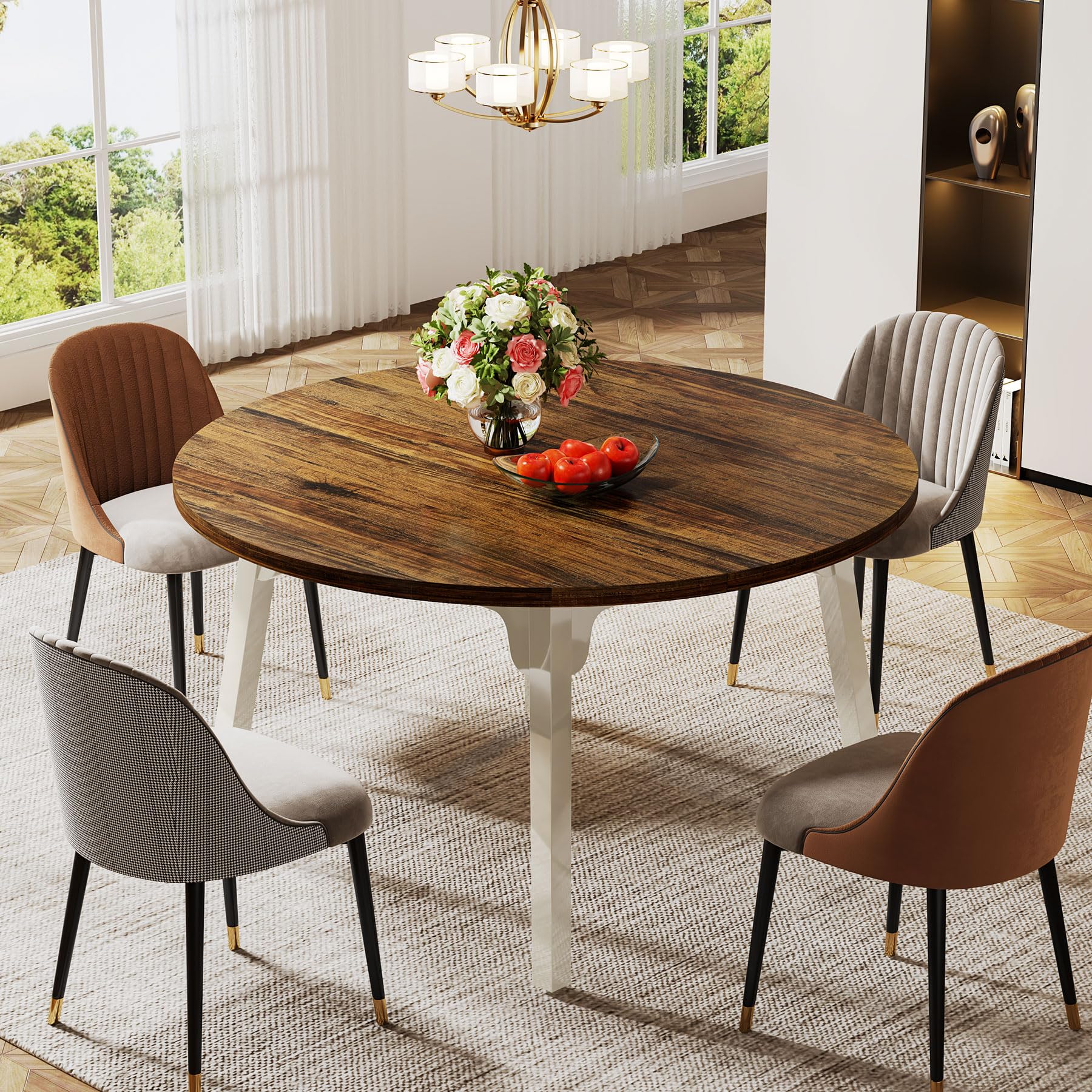 Tribesigns Round Dining Table for 4-6 People, 47-Inch Farmhouse Dinning Room Table Circle Kitchen Table, Industrial Dinner Table with Solid Wood Legs for Kitchen, Living Room, White and Brown