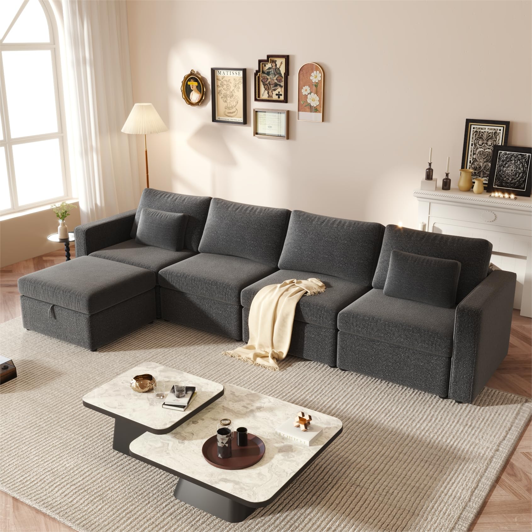 RENDGO Oversized Modular Sectional Sofa Convertible Linen Fabric Couch Set, L Shaped Couch with Reversible Chaise, 130 inch Width,5 Seat Modular Sofa with Storage Ottomans, Dark Grey