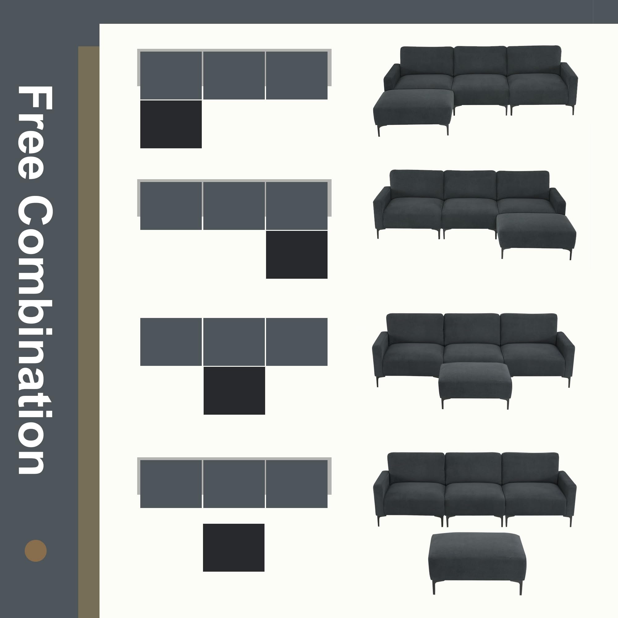 Sectional Sofa with Convertible Ottoman, Modern Velvet Fabric Couch Set for Living Room, Apartment, Office, L-Shaped
