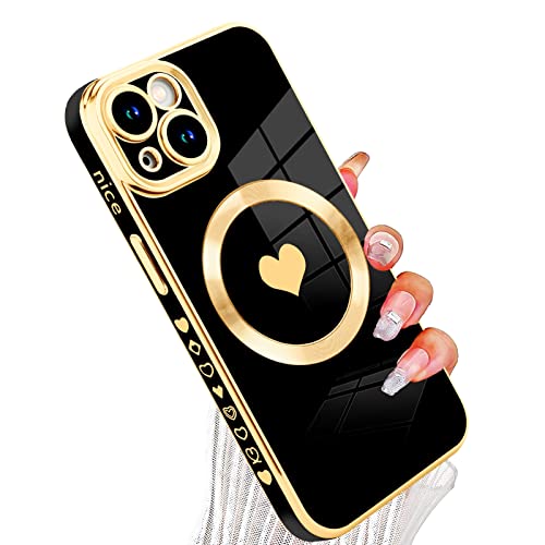 tharlet Magnetic for iPhone 14 Case Black [Compatible with Magsafe] Cute Love Luxury Plating Edge Bumper Case with Full Camera Lens Case for iPhone 14 Phone Case, Black (6.1")