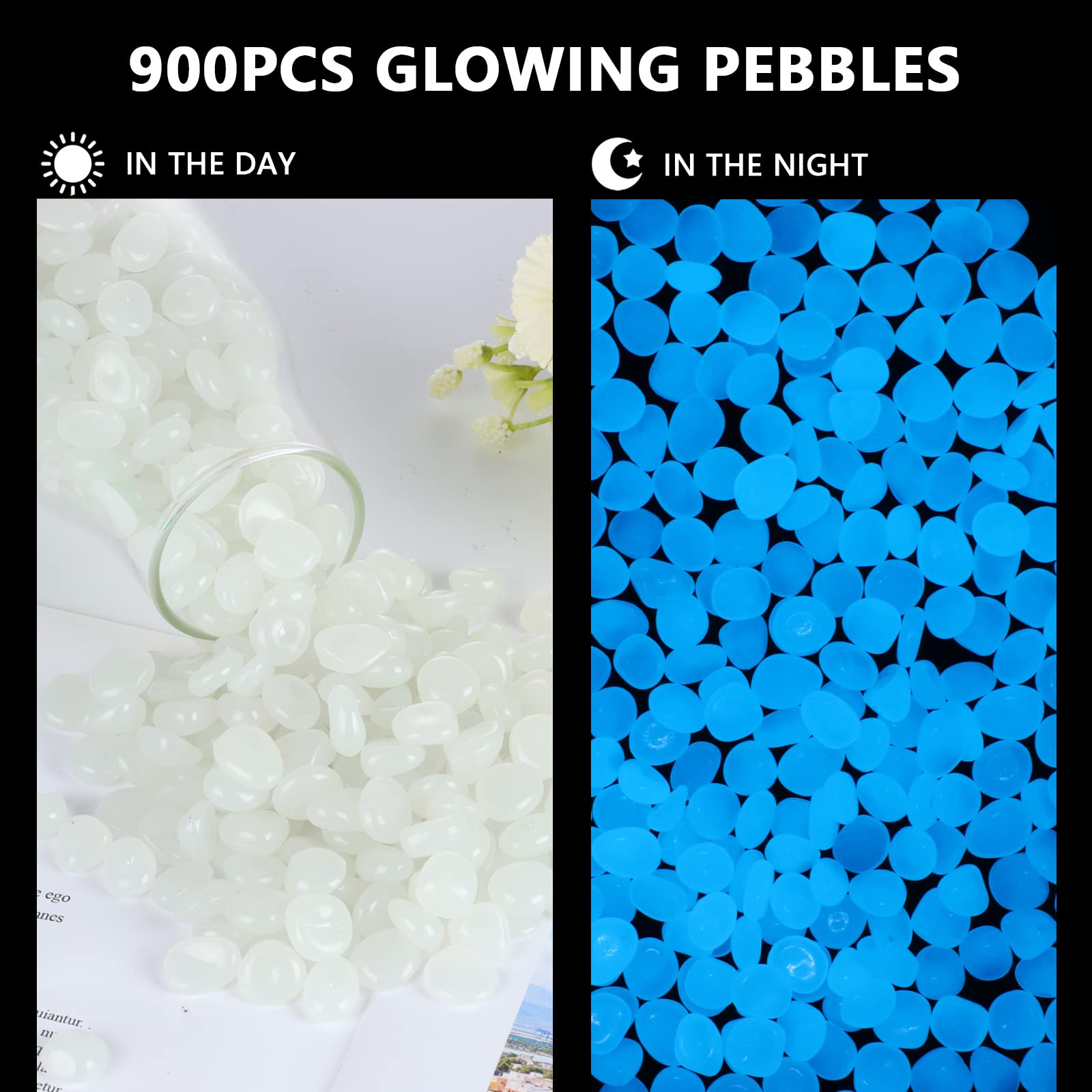 Glow in The Dark Rocks Outdoor Decorative Stones (1000 PCS White Glows Blue) Small Luminous Pebbles for Garden Walkway Fish Tank Aquarium Planter Vase Filler