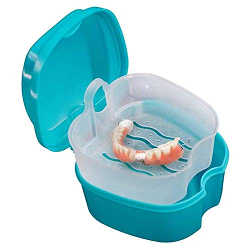 QONIA Blue Denture Case, Denture Cup with Strainer, Denture Bath Box Teeth Storage Box with Basket Net Container Holder for Travel