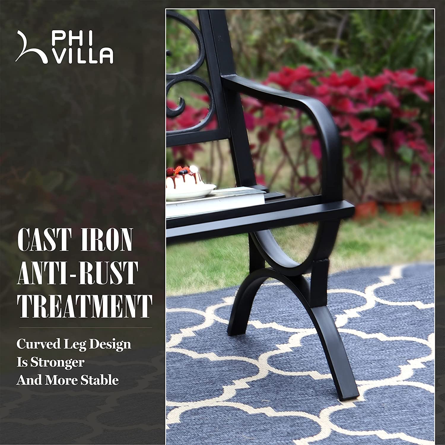 PHI VILLA 50-Inch Cast Iron Steel Frame Garden Bench Outdoor Patio Bench Chair w/Floral Design Backrest, Slatted Seat for Park, Yard & Porch, Black