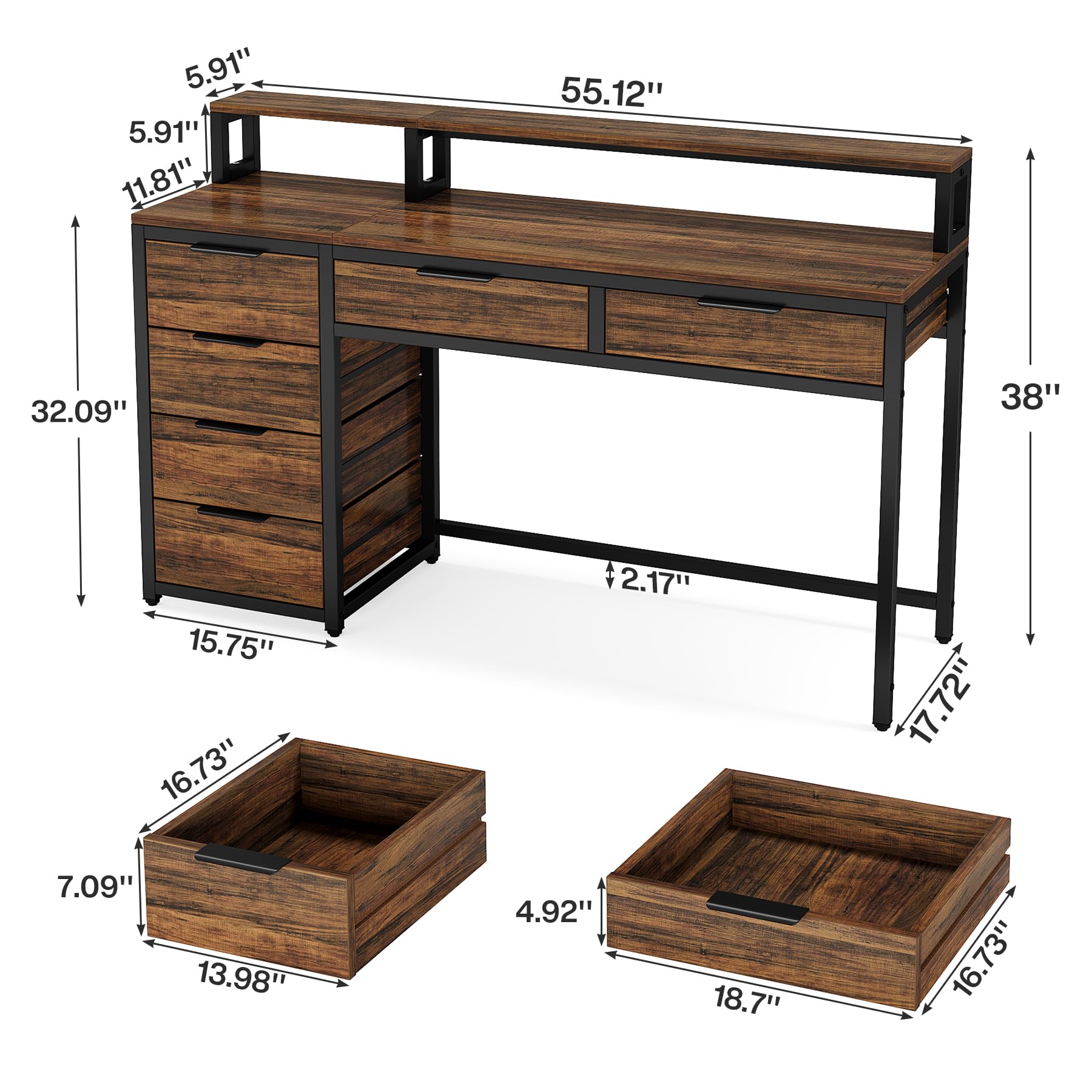 Tribesigns Computer Desk with 6 Drawers, 55-Inch Home Office Desk with Monitor Stand, Industrial PC Study Desk Writing Table Workstation for Home Office, Rustic Brown