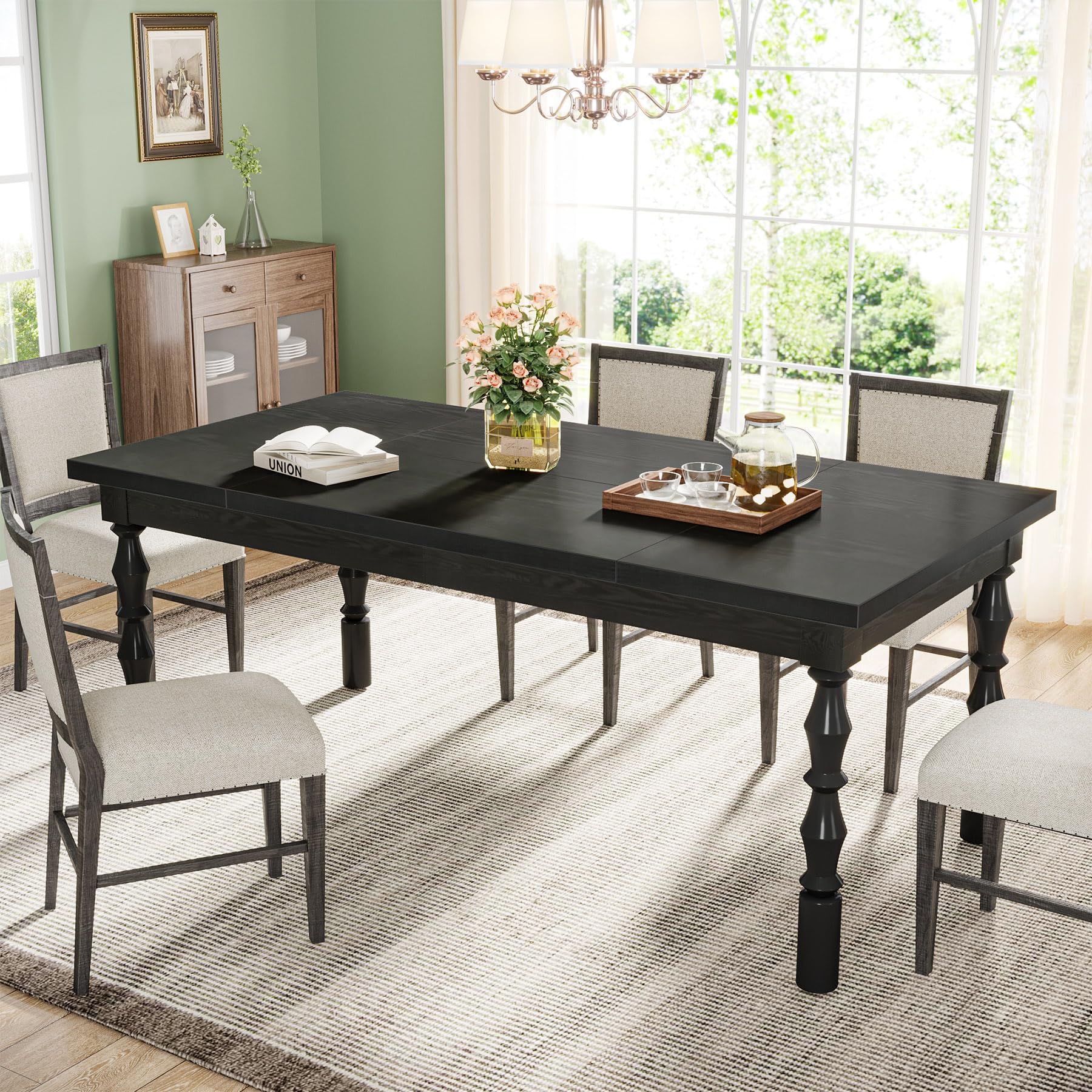 Tribesigns Wood Black Dining Table for 4-6 People, 62β Farmhouse Large Rectangle Kitchen Table, Modern Dinner Table Kitchen & Dining Room Furniture with Carved Turned Legs