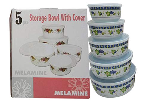 Melamine Bowl 5 Pcs set - serving bowls with lids Bowl Set for Soup Cereal Rice Noodles Salad, Dishwasher-Safe