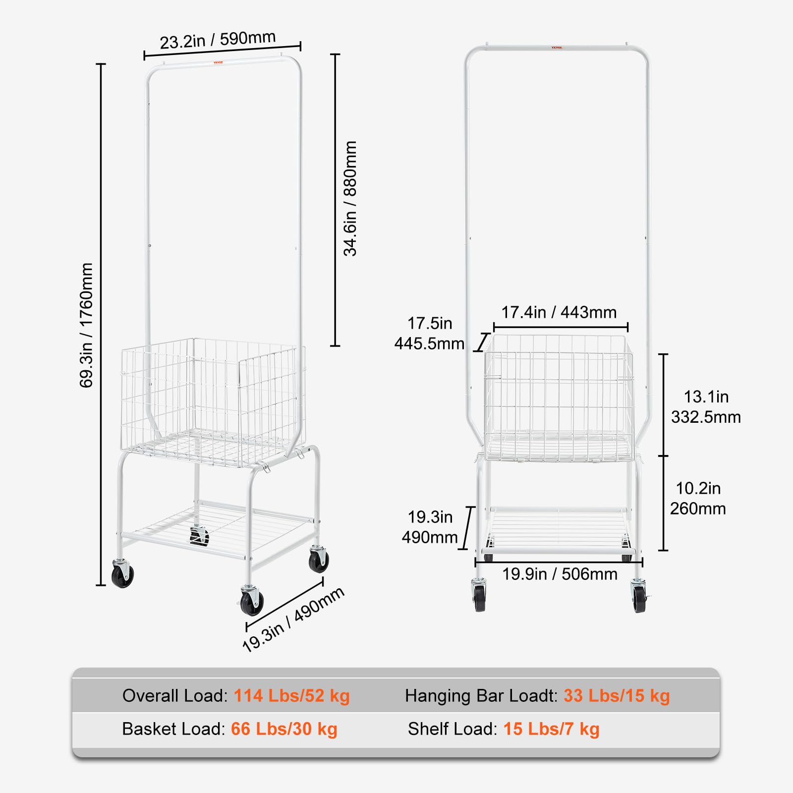 VEVOR Metal Rolling Laundry Basket with Hanging Garment Rack, Laundry Hamper Cart Adjustable Height with Basket Load and Shelf Load, Storage Organizer with Heavy Duty Lockable Wheels, White