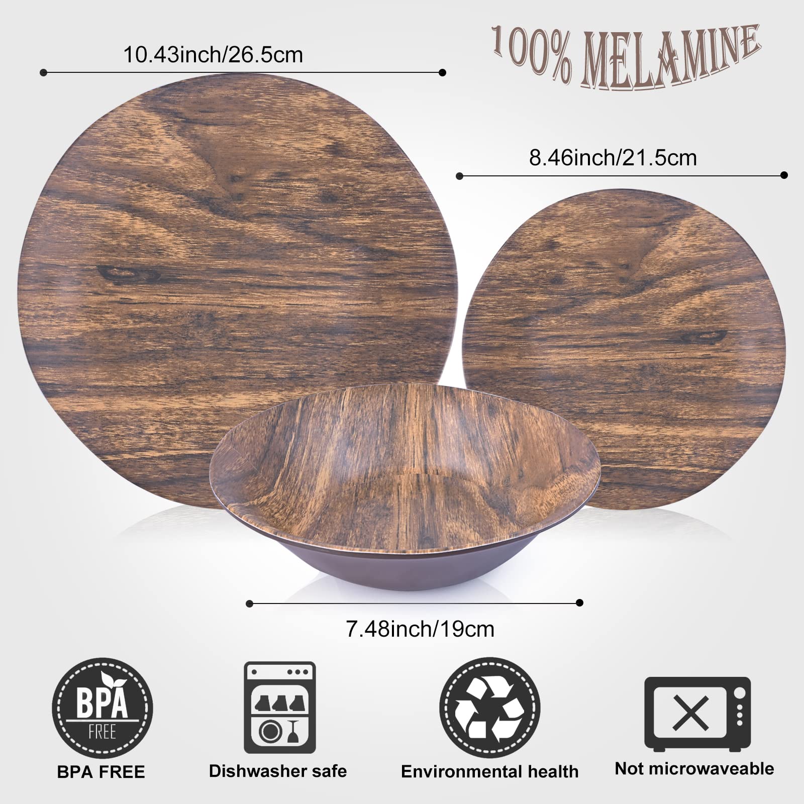 Melamine Dinnerware Sets Clearance - 12 pcs Melamine Plates Indoor and Outdoor use Wood Grain Plates and Bowls Dinnerware Sets Summer Fall Camping Dish Set for 4 Dishwasher Safe (Brown)