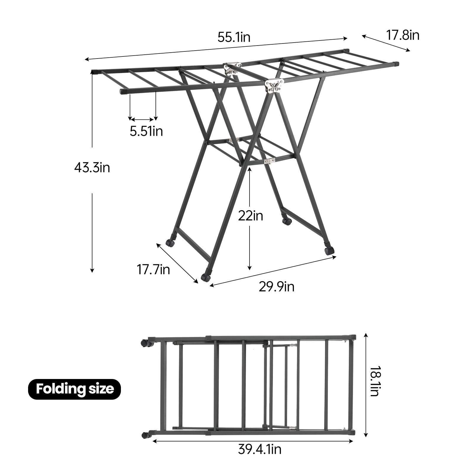 WGCTEK Folding Clothes Drying Rack, 2 Level Portable Collapsible Laundry Hanger Dryer Rack,Outdoor Foldable Drying Rack with Height-Adjustable Wings,with 4 Castors, Grey