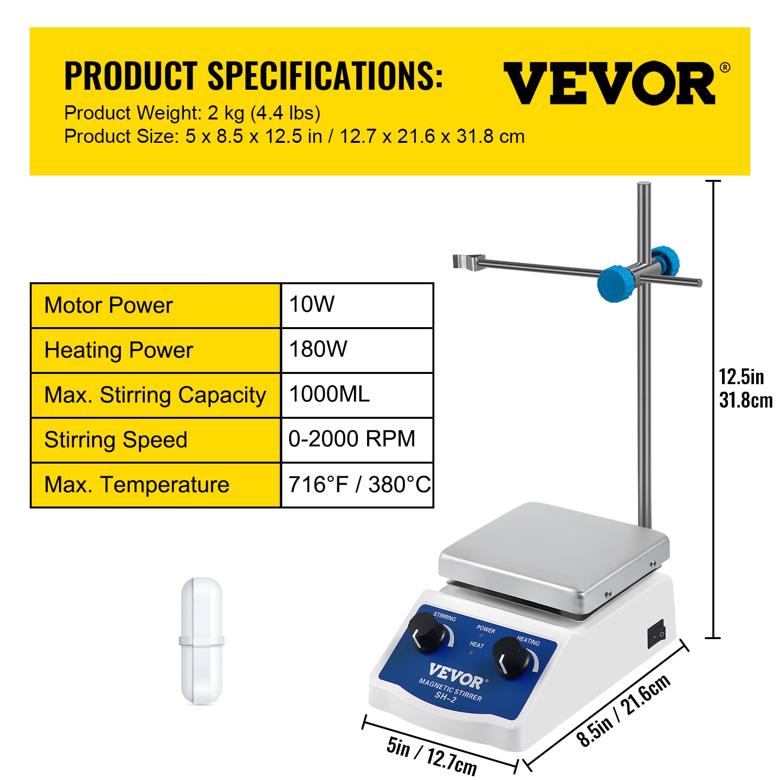 VEVOR SH-2 Magnetic Stirrer, 0-2000 RPM, 1000ml Mixing Capacity Laboratory Magnetic Stirrer Hotplate w/Stand, 180W Heating Power & 380°C Max Heating Temperature, for Lab Liquid Mixing Heating
