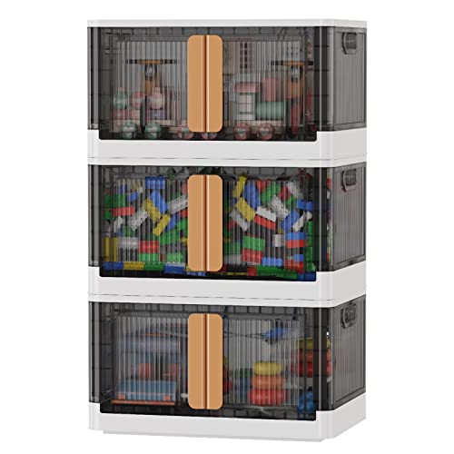 Sineda 3 Pack Storage Bins with Lids - 19 Gallon Stackable Storage Bins. Collapsible Storage Bins with Wheels and Door, Ideal for Storage and Organization. (19 Gal - 3 Pack, White)