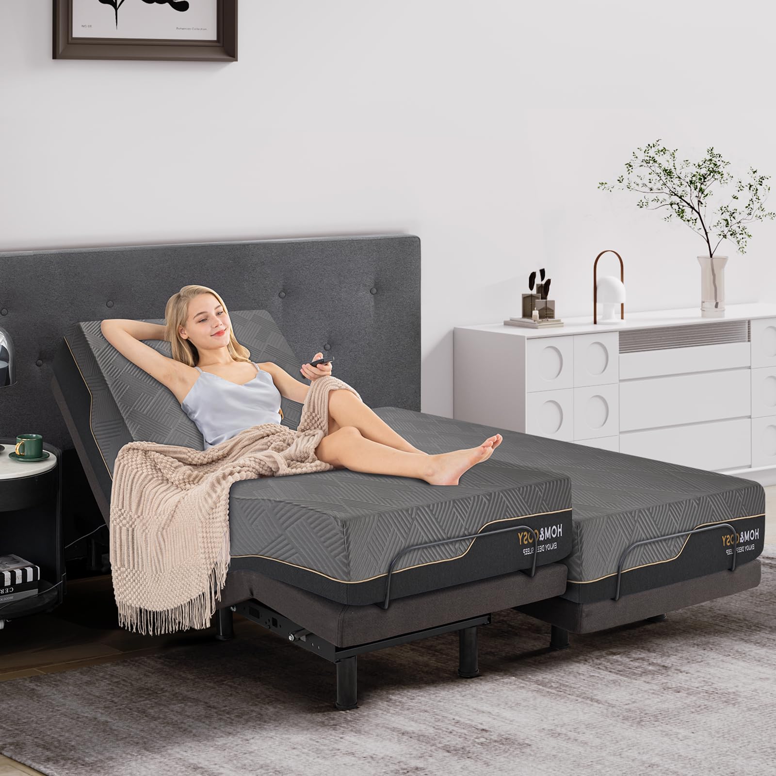 Split King Adjustable Bed Base with Grey Mattress, 12 Inch Gel Memory Foam Medium-Firm Mattress in Box, Adjustable Bed Frame, Thickened Form Frame, Massage, Wireless Remote, Electric Smart Bed