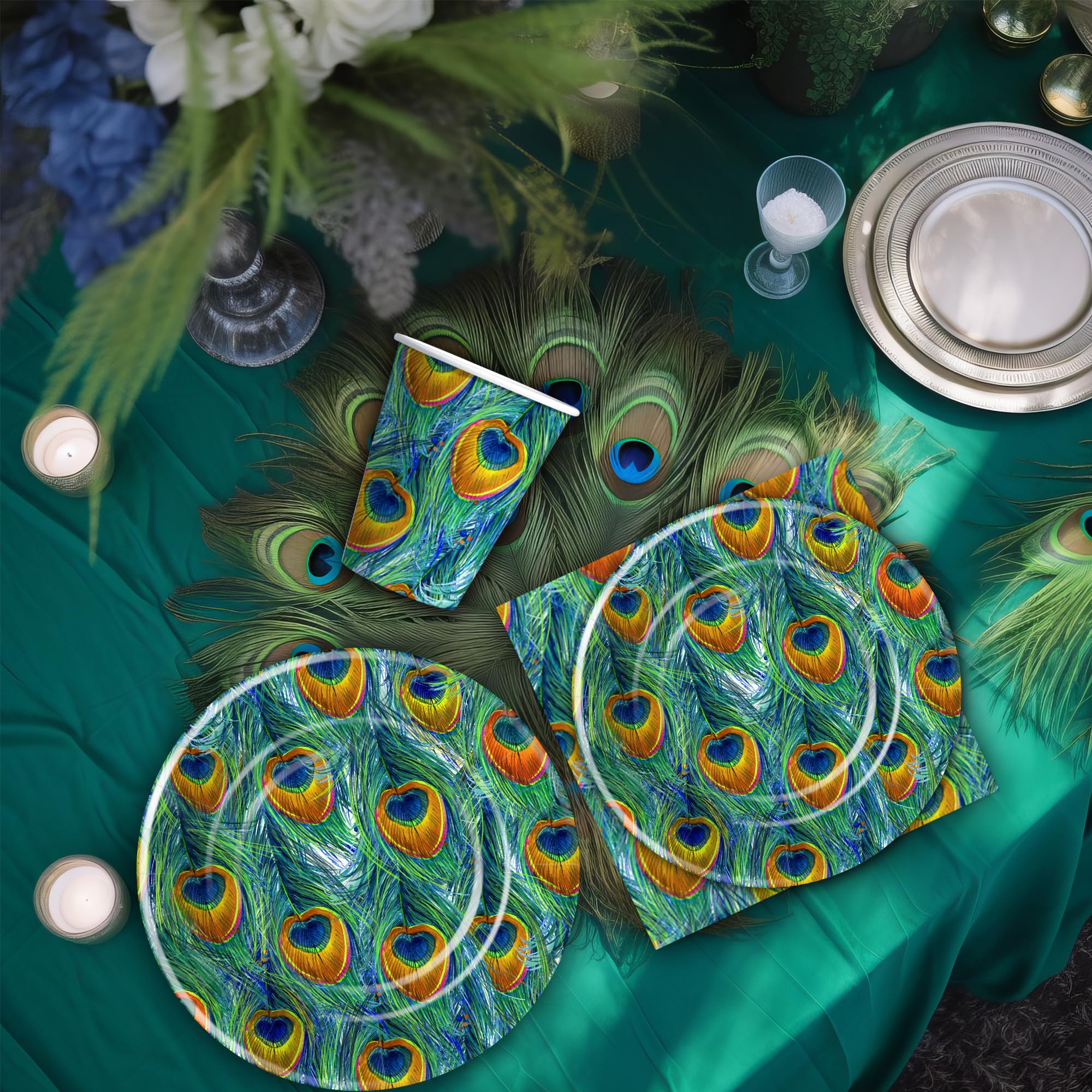 Xenorik Peacock Feather Party Decorations Tableware - Peacock Birthday Party Supplies, Plate, Cup, Napkin, Cutlery, Zoo Bird Peacock Theme Table Decorations For Bridal Baby Shower Wedding | Serve 24