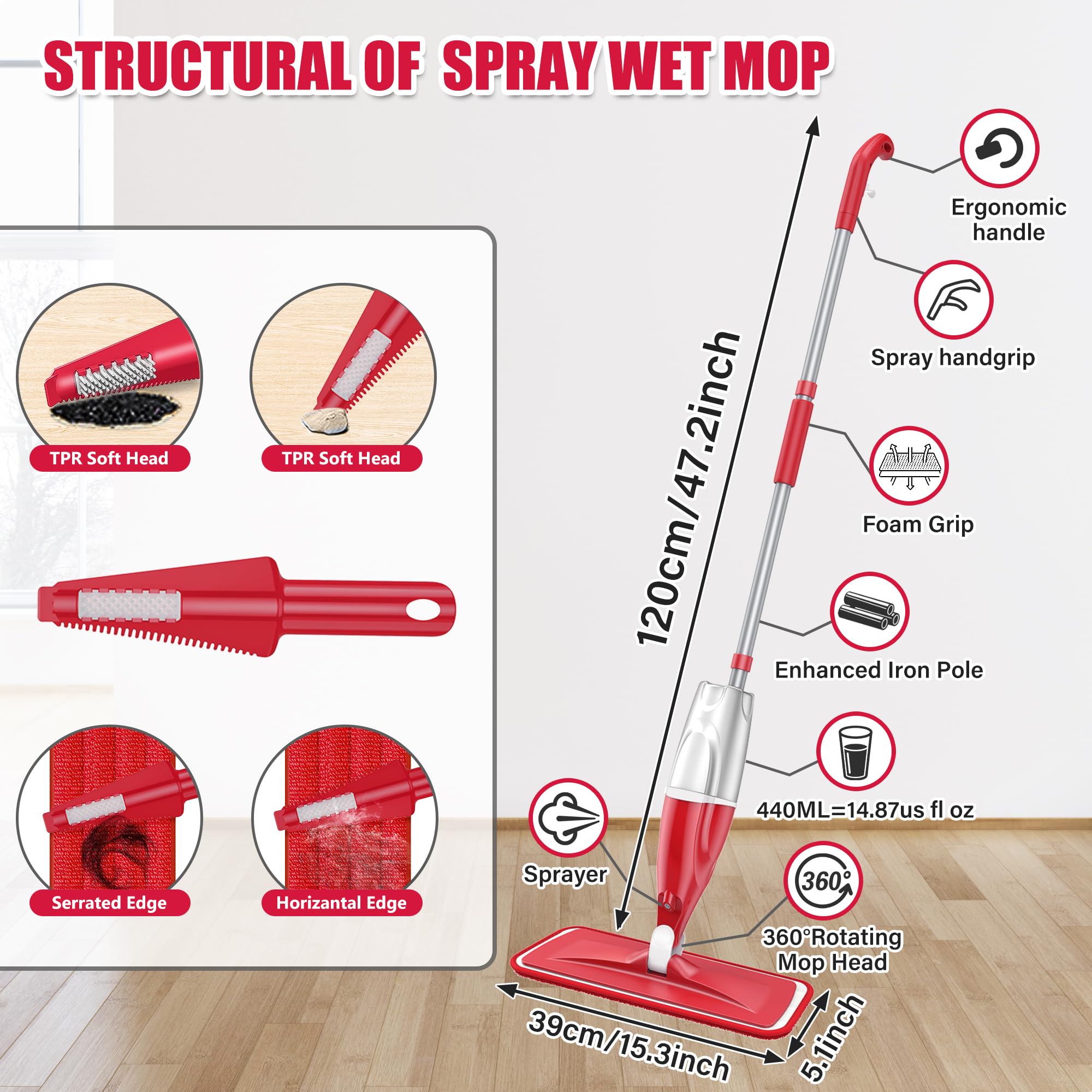 Spray Wet Mops for Hardwood Floor Cleaning - EXEGO Microfiber Dry Dust Spray Mop with Washable Pads fit for Swiffer PowerMop, Wet Jet Mop Flat Floor Mop with Sprayer for Wood Laminate Ceramic Tiles