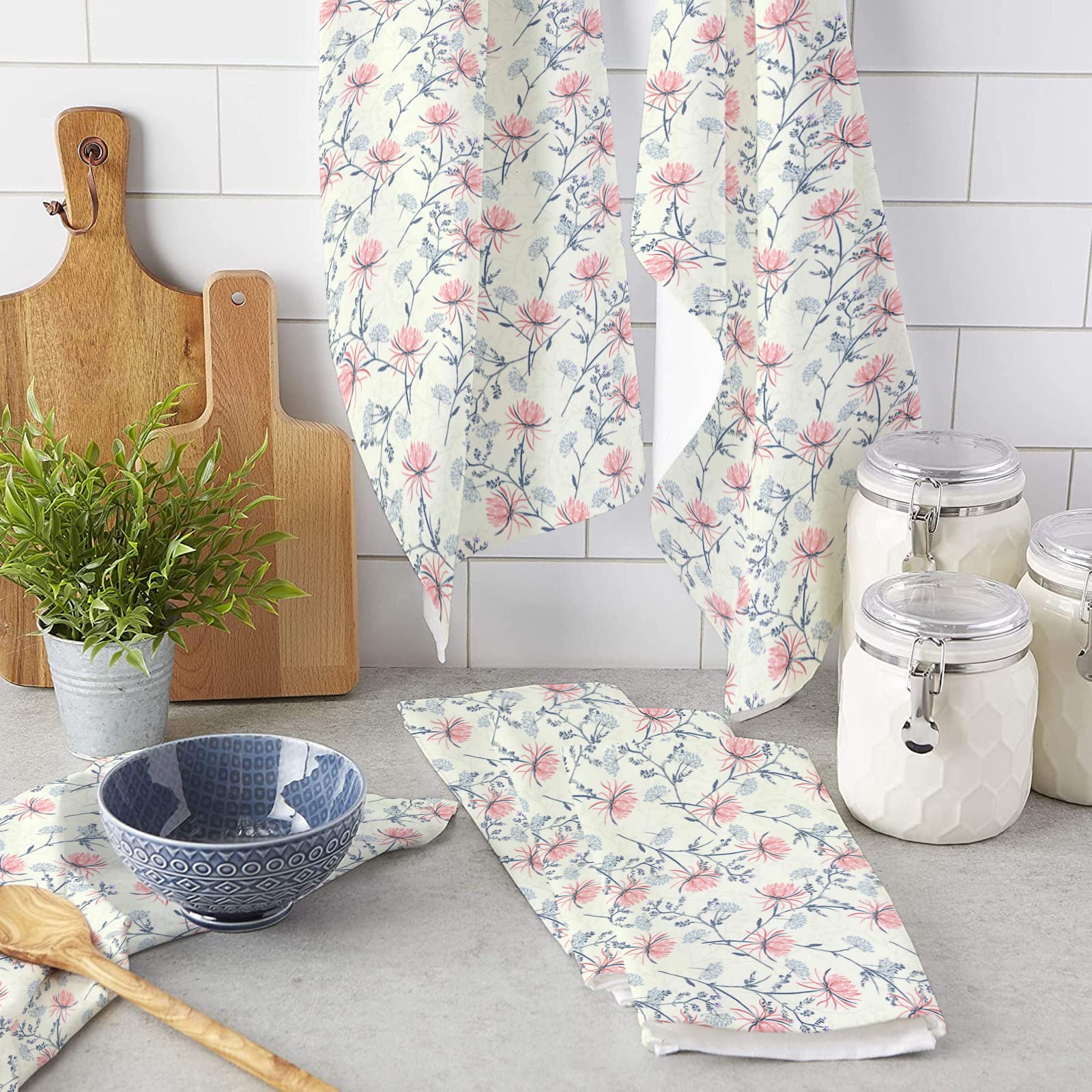 Kewadony Pink Daisy Kitchen Towels 2 Pack Dish Towels for Kitchen, Spring Blue Flowers Beige Retro Absorbent Microfiber Hand Towels for Bathroom, Soft Tea Towels Bar Towels, 18 x 28 Inch