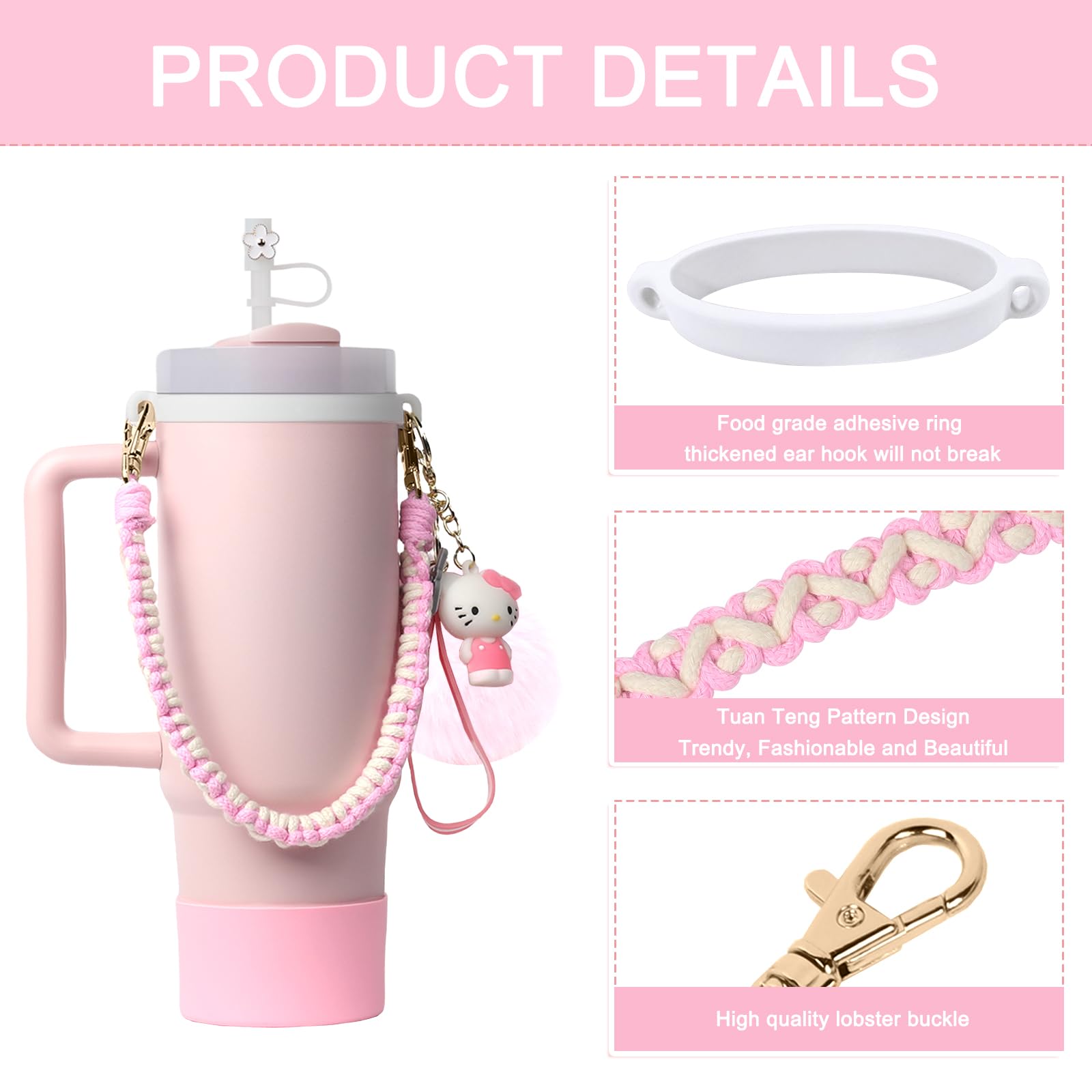 Stanley Cup Accessories Set, Cartoon Cute Kawaii Pom Pom Design Water Bottle Handle Strap, Silicone Stanley Cup Boot, Stanley Charms for Stanley Cup 30/40oz Tumble (Blue)