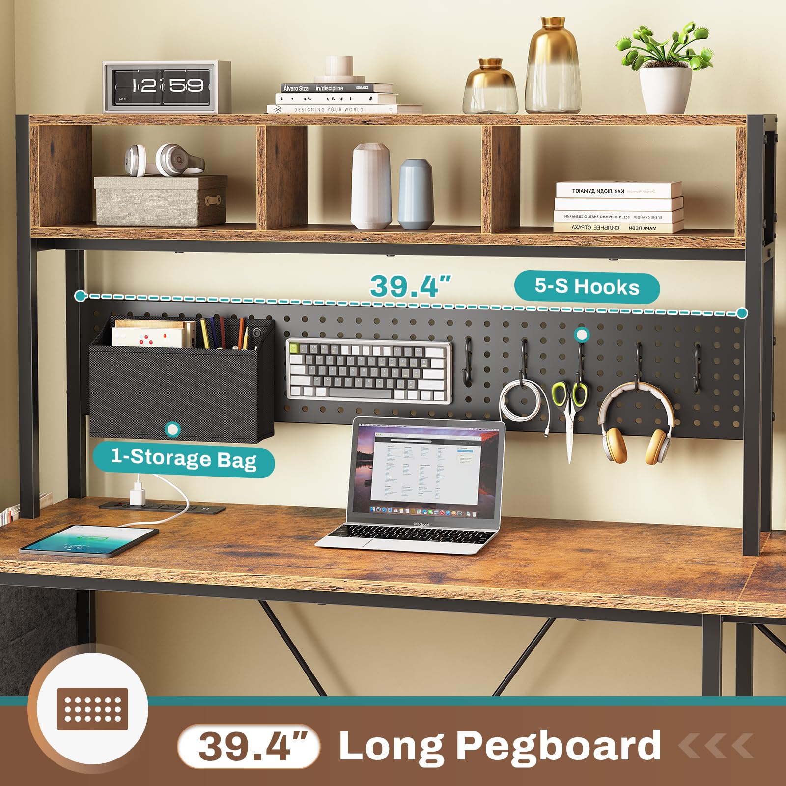 SEDETA L Shaped Gaming Desk with Hutch, 57.5β Reversible Corner Computer Desk with Storage Shelves, Gaming Desk with Pegboard, LED Lights, Power Outlet, Keyboard Tray (Rustic Brown)