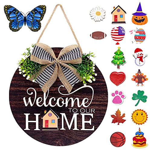Interchangeable Welcome Sign Wreaths for Front Door - Seasonal Round Wood Door Sign, Farmhouse, Porch Wall Outdoor Hanging for Thanksgiving, Halloween, Christmas,Fall New Home Housewarming Gift Ideas