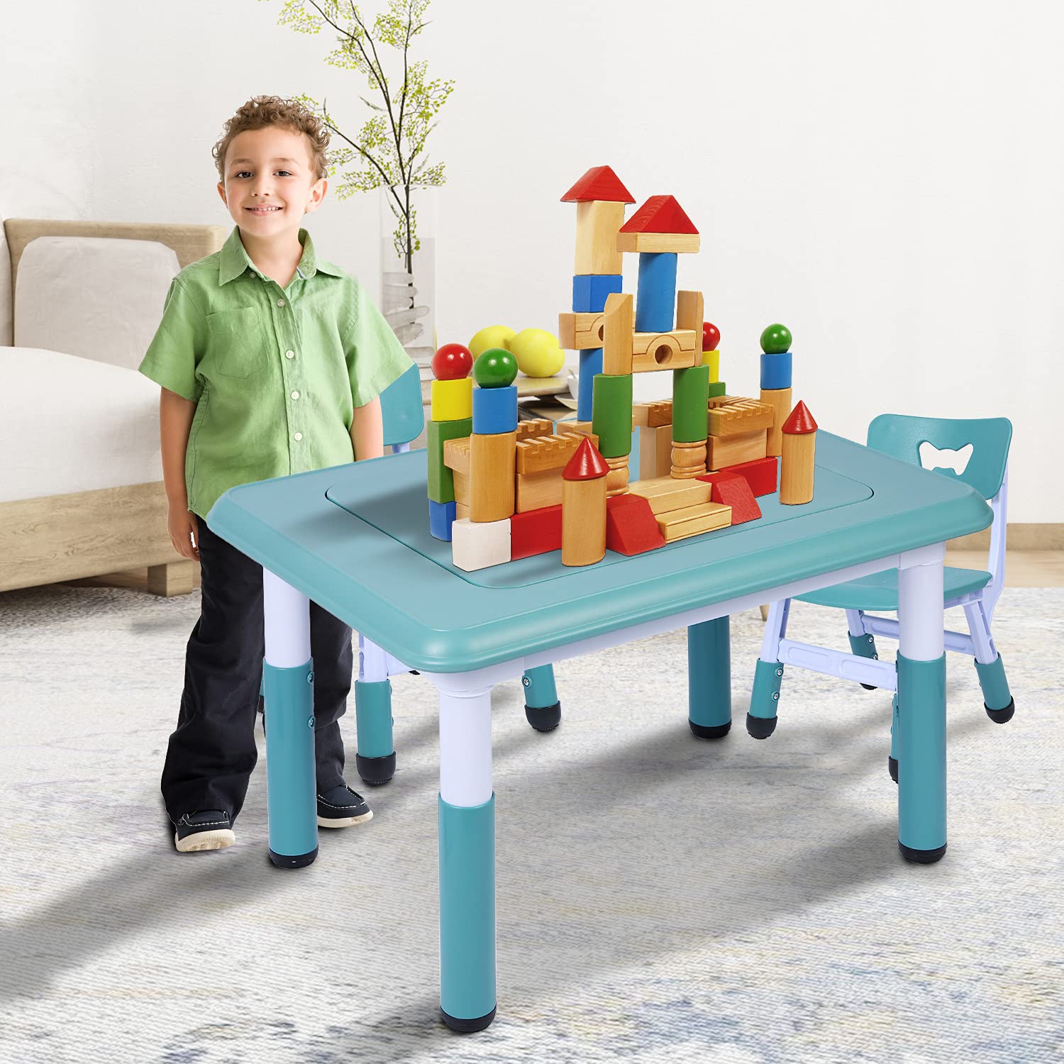 RedSwing Kids Table and Chair Set, 3 in 1 Multi Activity Building Block Table with 2 Chairs, Height Adjustable Toddlers Play Table with Storage Bins, Blue