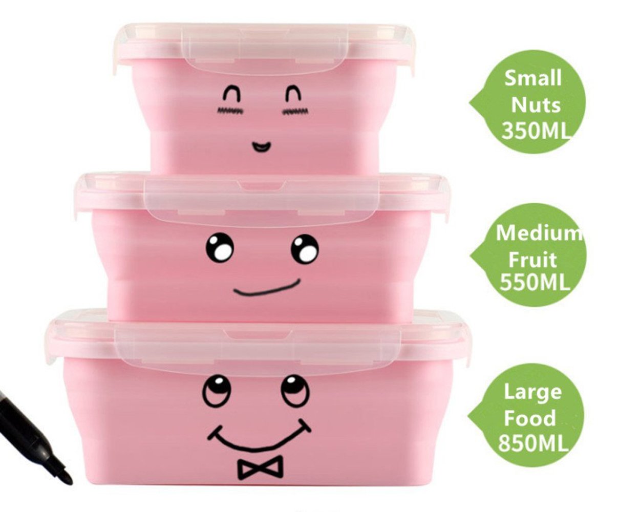 Keweis Silicone Lunch Box Bento Box, Collapsible Folding Food Storage Container with Lids, Kitchen Microwave Freezer and Dishwasher Safe, Set of 3, (Pink)