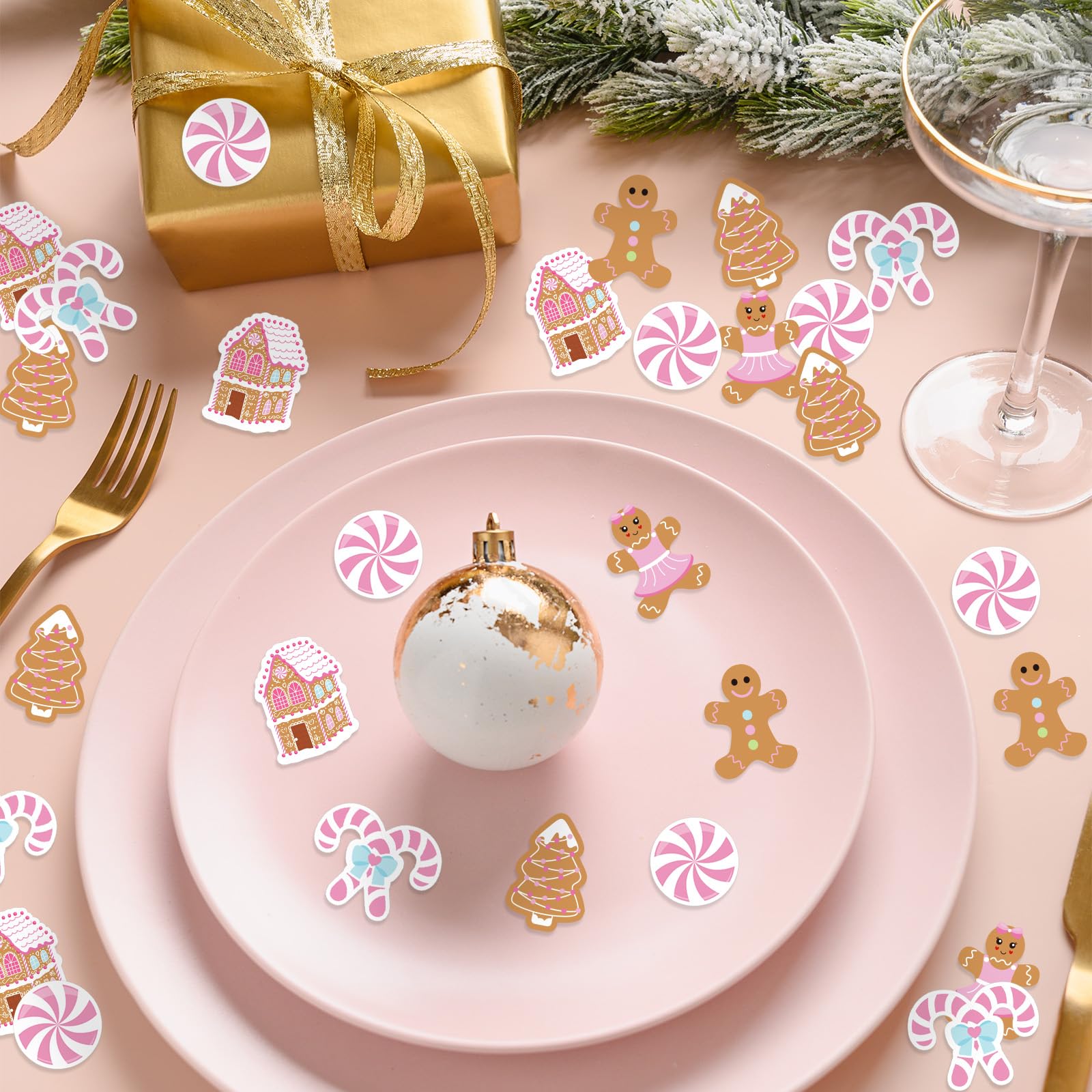 Whaline 270Pcs Pink Christmas Confetti Gingerbread Man Candy Xmas Tree Paper Confetti Table Confetti Decorations for Winter Holiday Baby Shower Birthday