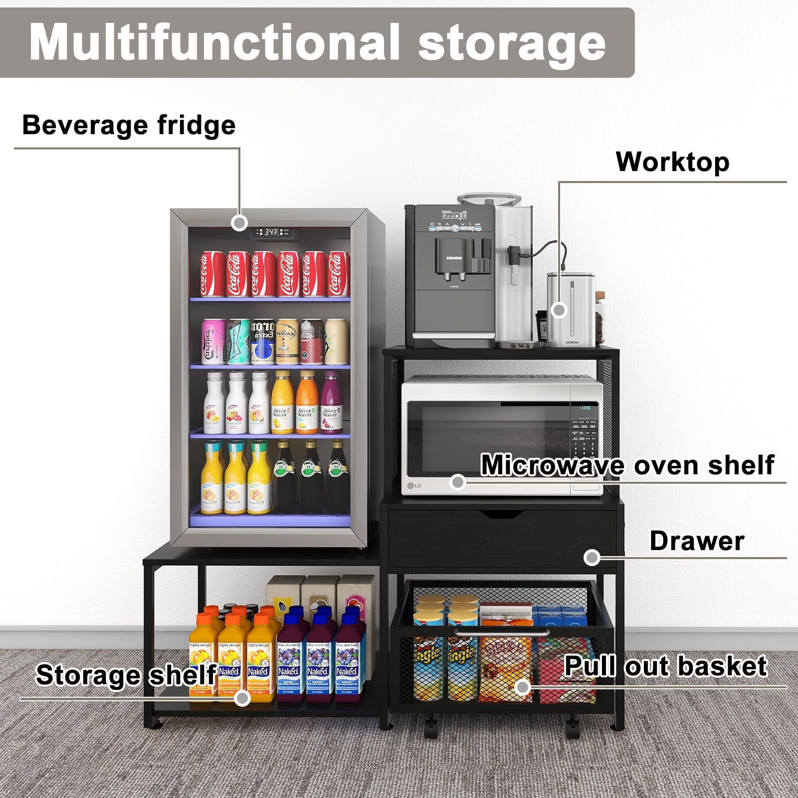 PUNCIA Mini Fridge Stand with Storage Coffee Bar Cabinet with Power Outlet Beverage Wine Refrigerator Table Microwave Oven Stand Rack with Large Capacity Drawer and Basket for Home Office Dorm
