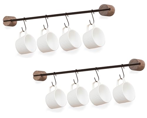 QsQueen Mug Holder Wall Mounted Coffee Cup Rack Hanger,Modern Metal and Solid Walnut with 8 Mug Hooks Rustic Utensil Tea Cups Storage Organizer for Kitchen Accessories Coffee Bar, Set of 2