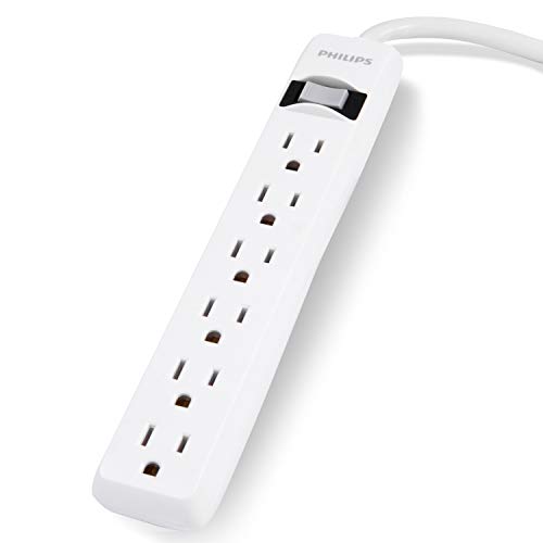 PHILIPS 6 Outlet Power Strip Surge Protector, 2ft Power Cord, Straight Plug, Wall Mount, 450 Joules, UL Listed, Circuit Breaker, Automatic Shutdown, White, SPP3063WP/37Ā