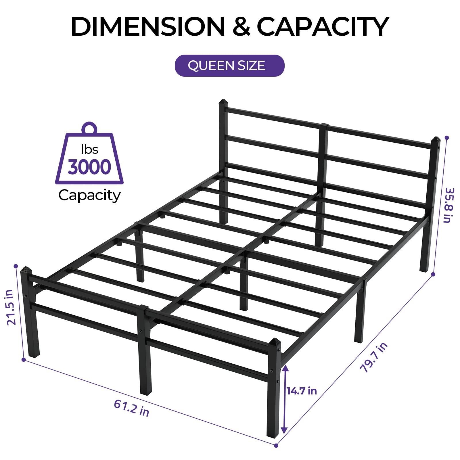 GreenForest Queen Bed Frame with Headboard Easy Assemble, 14 inch Heavy Duty Metal Platform Queen Size Bed Base with Storage No Box Spring Needed Mattress Foundation, Noise Free, Black