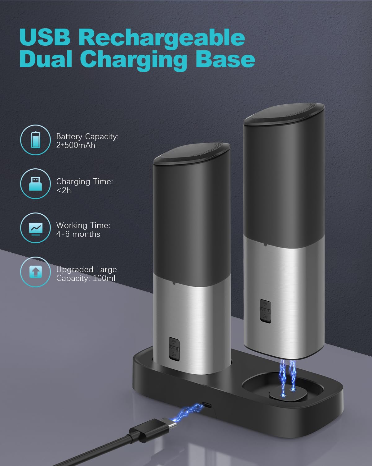Ultrean Gravity Electric Salt and Pepper Grinder Set - USB Rechargeable With Dual Charging Base - Adjustable Fineness - One Handed Operation, Stainless Steel Construction, Auto Dust Lids, LED Light