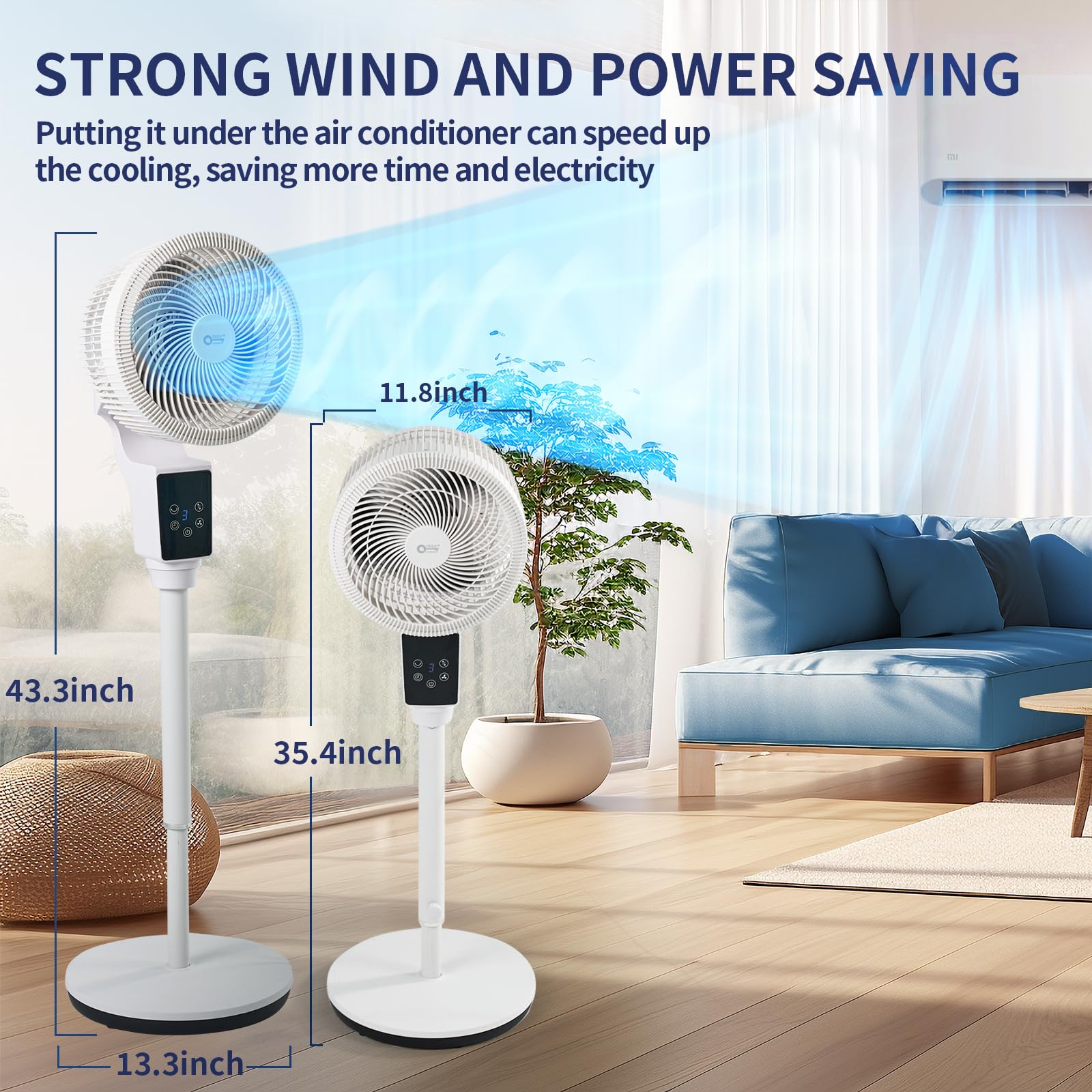 QTREE intelligence Oscillating Pedestal Fan, 360° Air Circulator Fan, 43.3inch Adjustable Height 11.8'' Standing Fan, Timer, 3 Modes, Smart Remote Control for Home, Office, Kidroom,Living Room