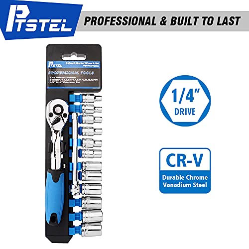 PTSTEL 14 Pieces Socket Wrench Kit, 1/4” Drive Socket Set with 72 Teeth Release Ratchet Wrench and Extension Bar, CR-V Sockets
