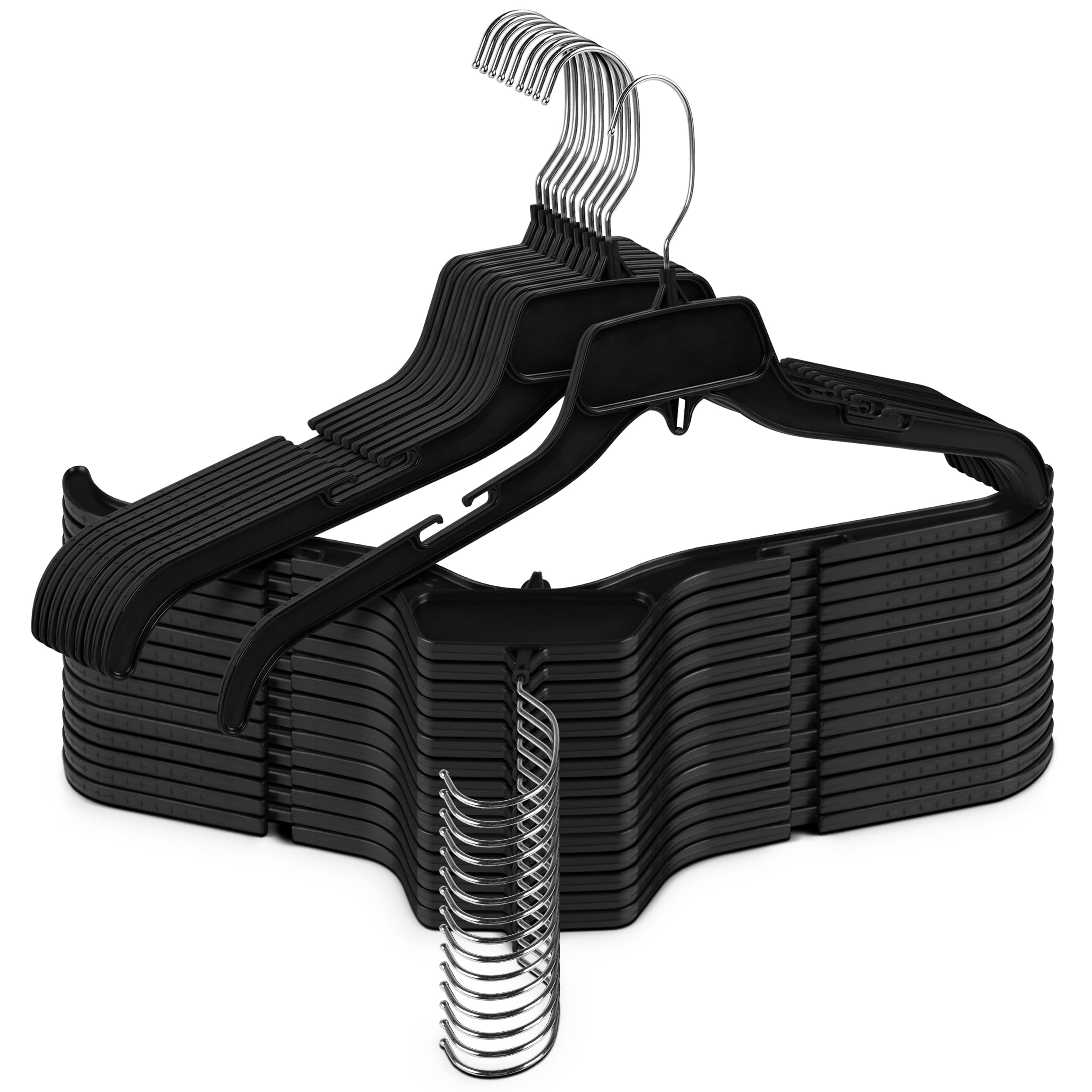Hanger Central Space-Saving, Durable Black Plastic Clothes Hangers, Bulk, Non-Slip Surface 360° Swivel Hook, Perfect for T-Shirts, Oversize Garments, Coats, and Organization (19' (50 pack))