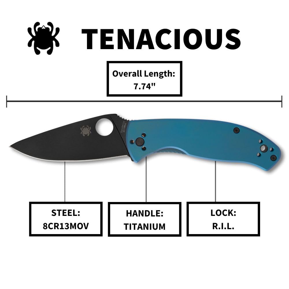 Spyderco Tenacious Folding Utility Pocket Knife with 3.35 In R.I.L. Blue Titanium Black Blade and Durable Handle - Everyday Carry - PlainEdge - C122TIBLBKP