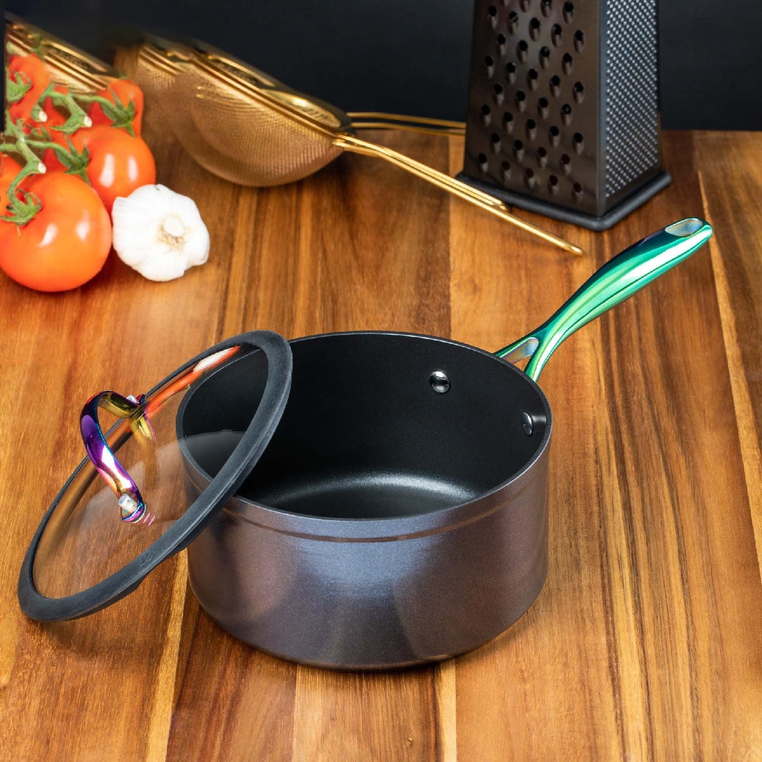 Sauce Non Stick Pan with Glass Lid Stainless Steel, 2.5 QT, Rainbow Design Featuring Premium