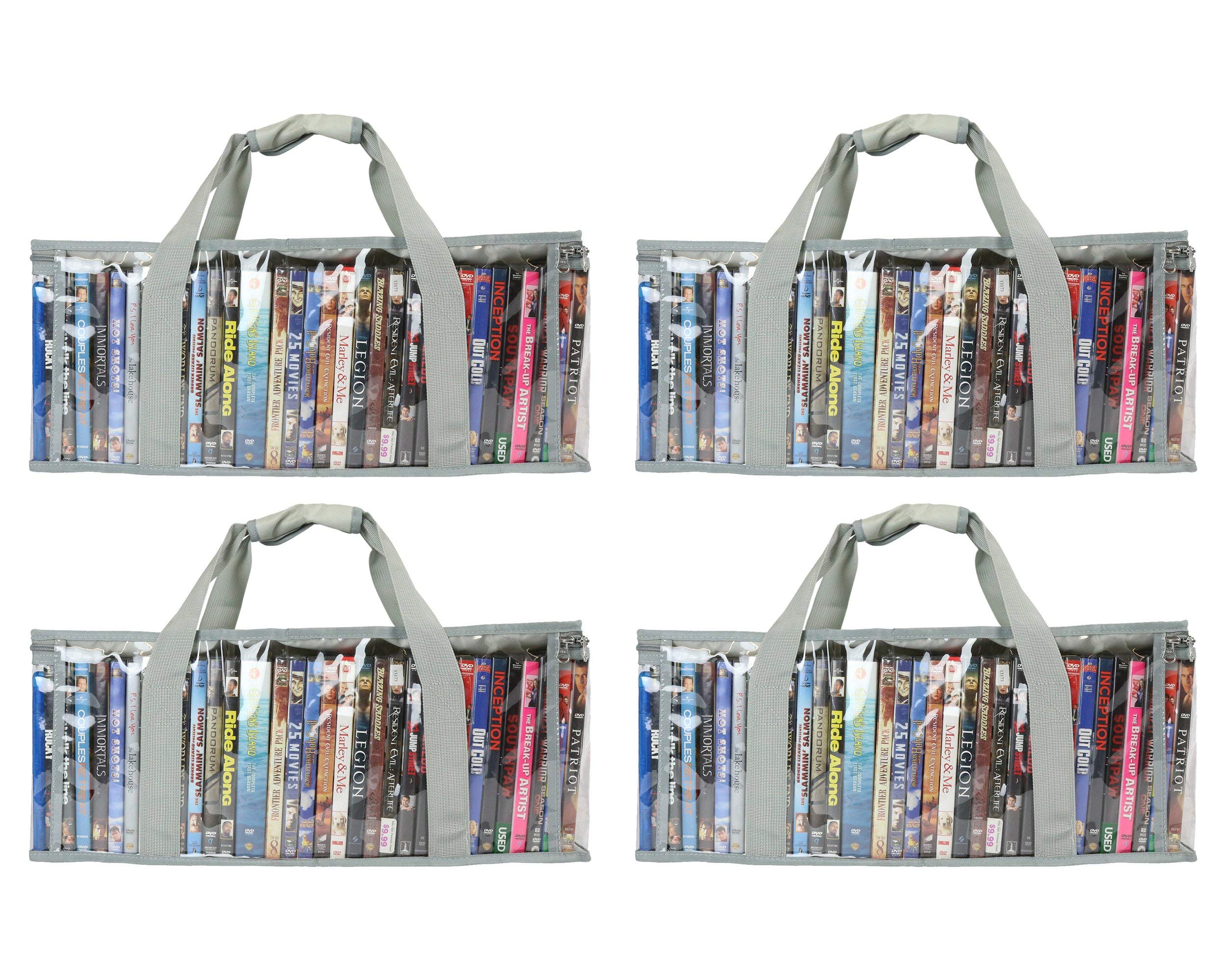 Gracem & Co. Premium DVD Blu-Ray Storage Bags β Portable DVD Media Case Holder For Movies, Video Games, Blue Ray, Entertainment Library β Visible Plastic Zipper Case Organizer β Set of 4 β Gray