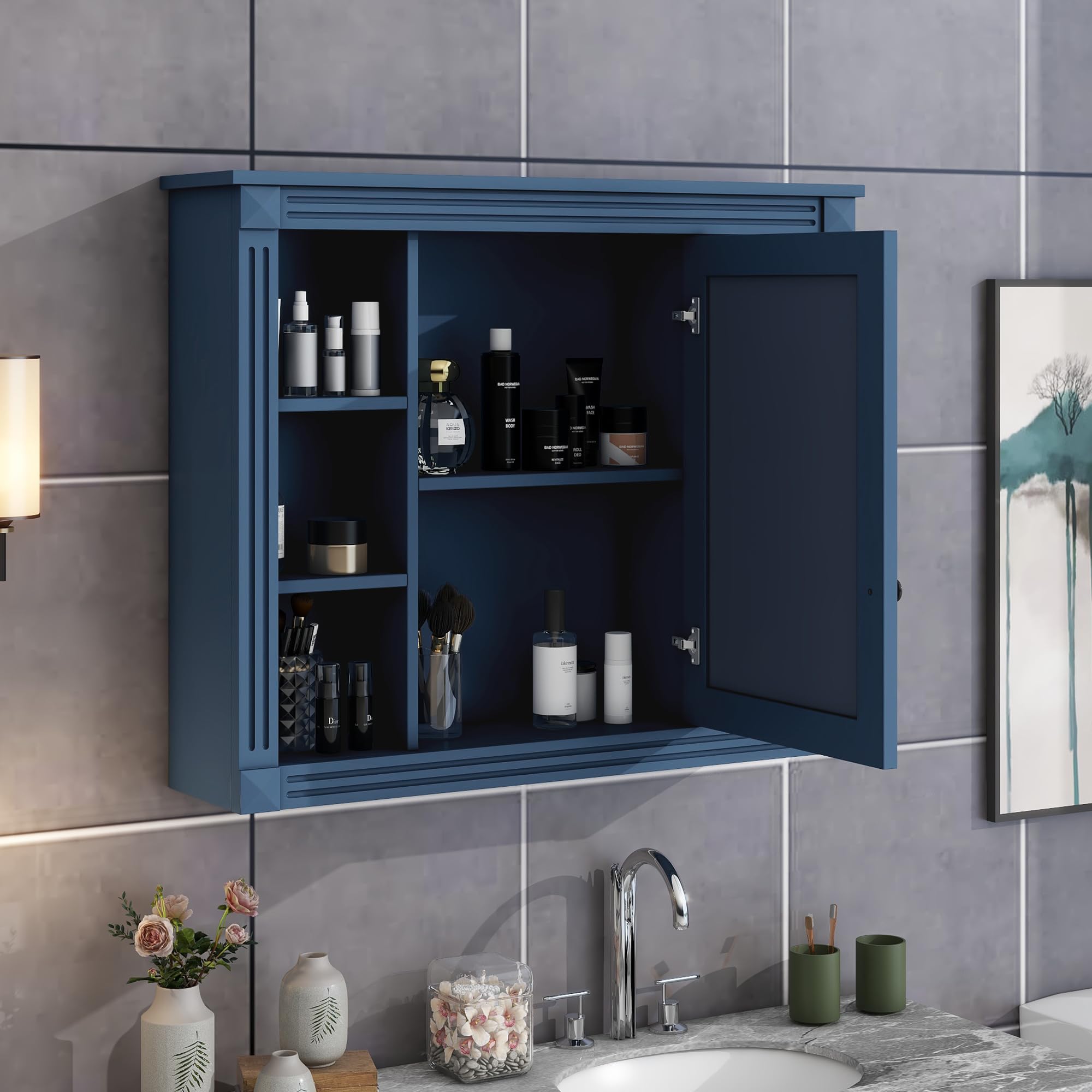 Yozma 35" x 28" Wall Mounted Bathroom Storage Cabinet, Modern Bathroom Wooden Wall Cabinet with Mirror, Mirror Organizer Cabinet with 6 Open Shelves (No Bathroom Vanity), White