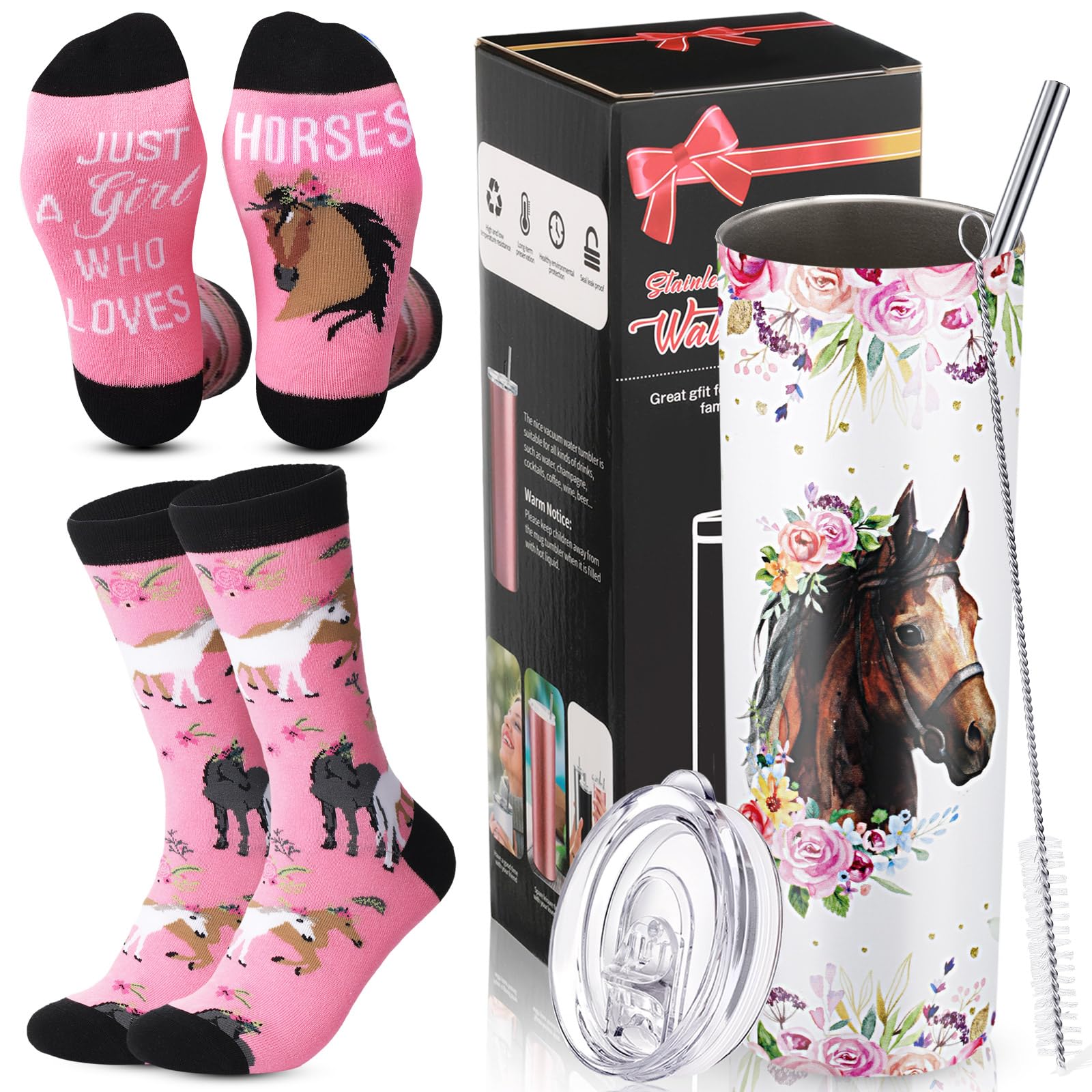 Umigy 2 Pcs Christmas Horse Gifts Horse Print Tumbler Pink Horse Socks for Women, 20 oz Skinny Water Tumbler with Lids Straw and Straw Brushes for Christmas Horse Lovers Gifts