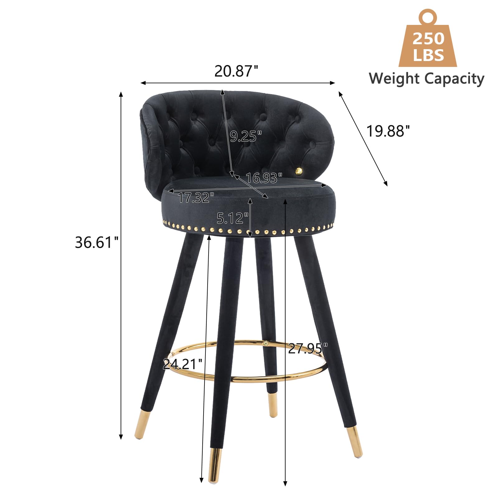 GNIXUU Velvet Bar Stools Set of 4, 360 Degree Swivel Counter Stools with Back, Modern Tufted Upholstered Counter Height Bar Stools, 28 Inch Kitchen Island Bar Chair, Solid Wood Legs(Black)