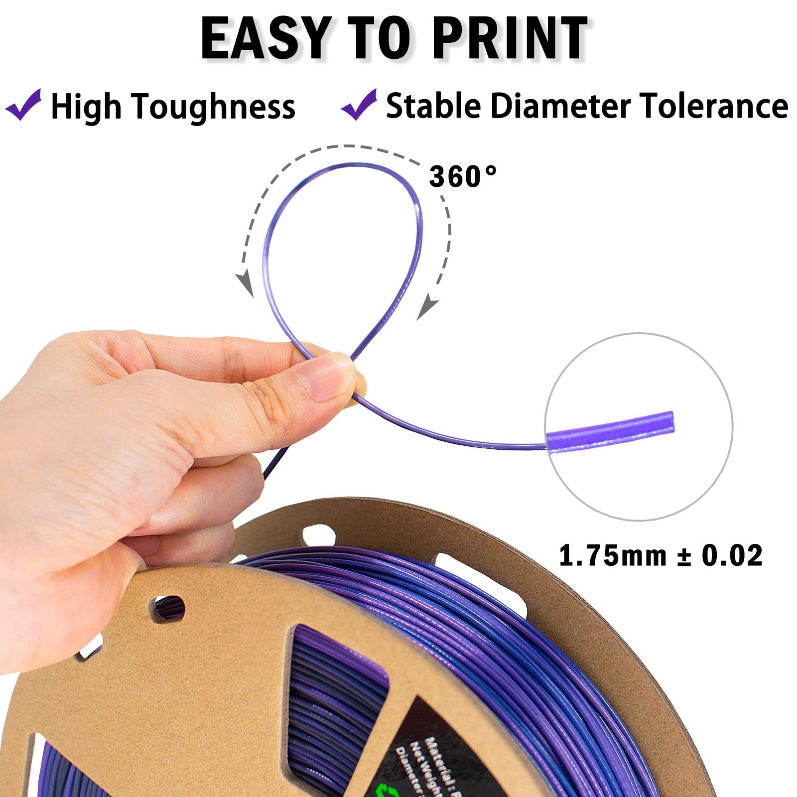 PLA Filament 1.75mm, 3D Printer Filament Silk Black Purple Color Changing, Silk PLA Filament, 3D Printing Filament 1.75 +/-0.02mm, 1kg