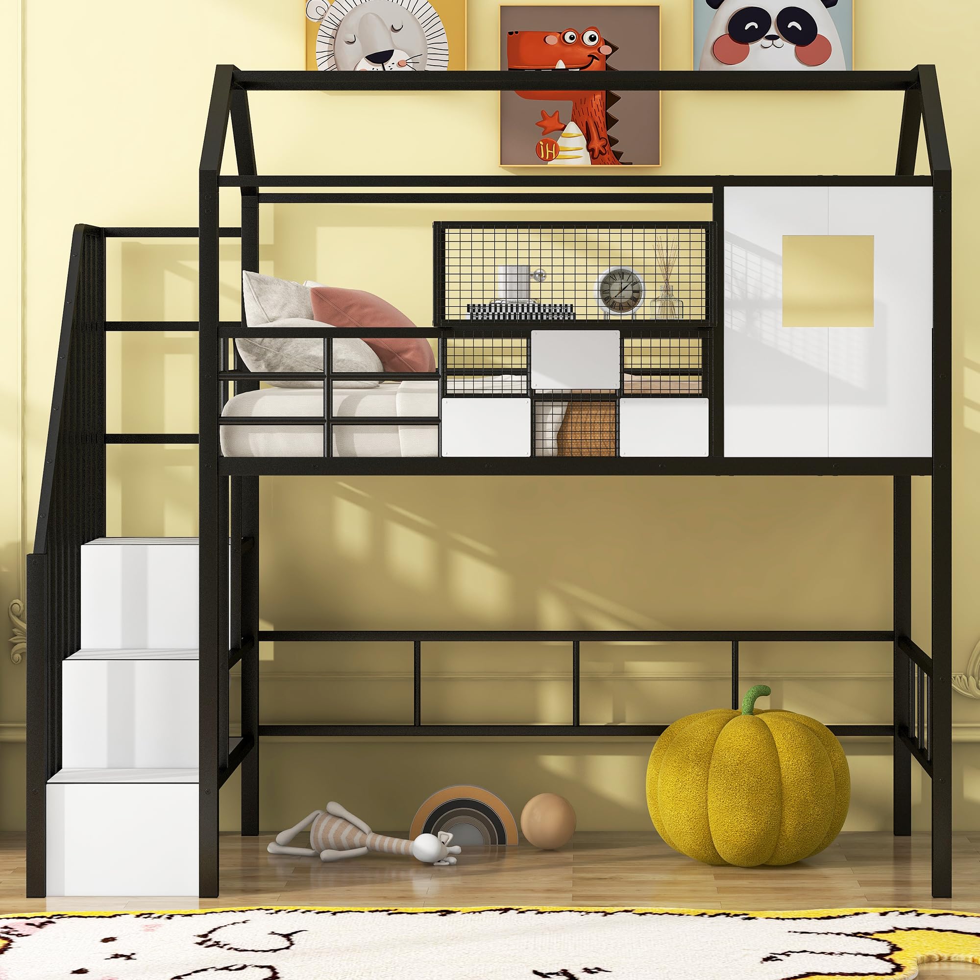 THINK 30 Metal Loft Bed with roof Design and a Storage Box, Twin, Black