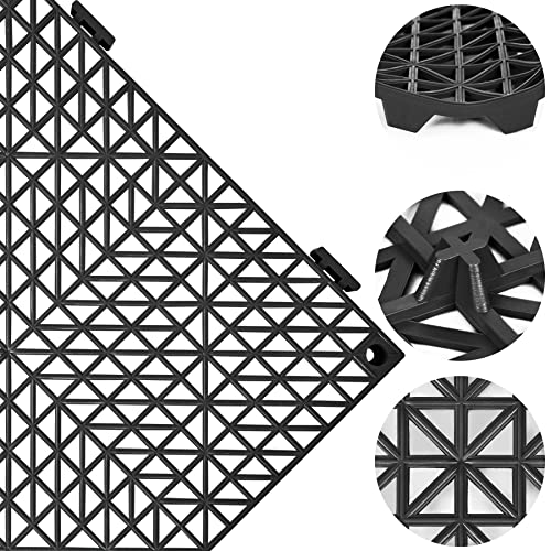 Modular Interlocking Cushion 12 Pcs 11.8" x 11.8" Interlocking Rubber Floor Drain Holes Non-Slip Splicing Drainage Mats for Deck, Shower, Kitchen, Drain Pool, Sauna Bath, Indoor Outdoor (Black)