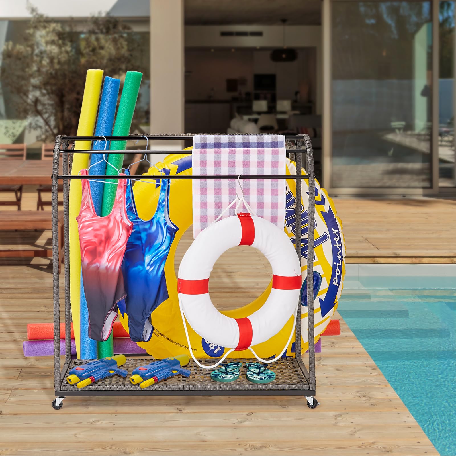 TROPOW Pool Towel Rack,Outdoor Pool Storage with Rattan Base and 5 Towel Bars,Pool Float Storage with Compartments, Store Swimming Rings, Buoys, Pool Floats, Suitable for Outdoor/Indoor